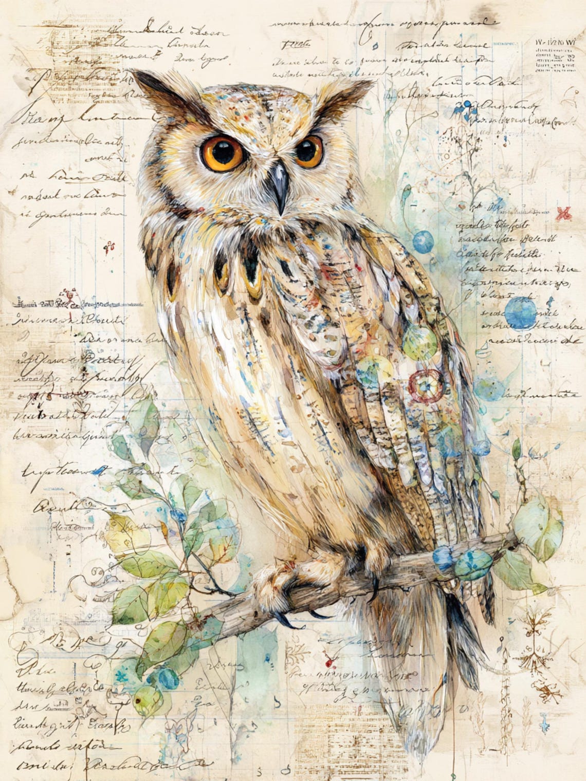 Owl Art Print, Vintage Owl, Script Owl Art, Watercolor Owl, Wise Owl ...