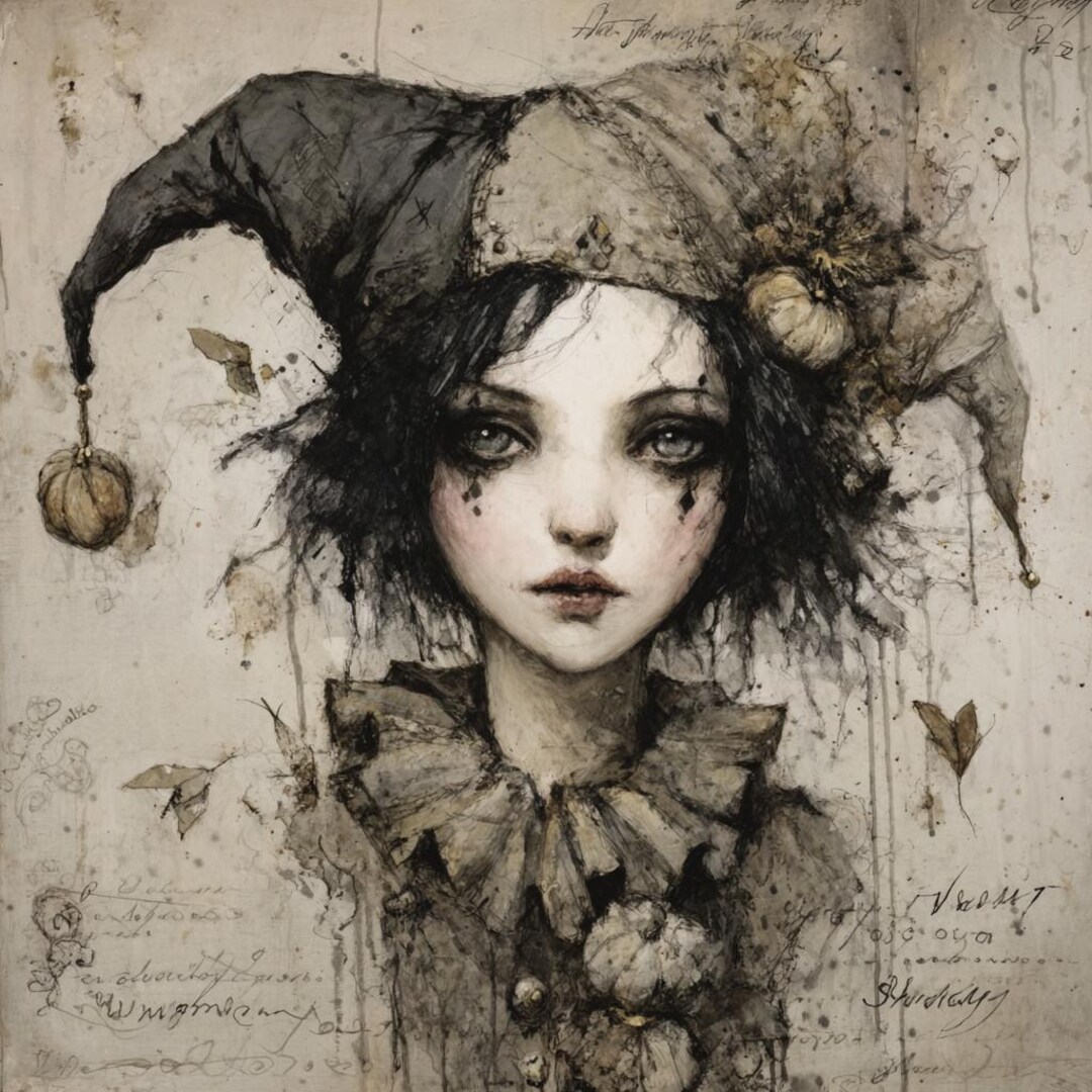 Autumn Jester, Gothic Harlequin, Tarot Girl, Fall Pumpkin, Moody Doll ...