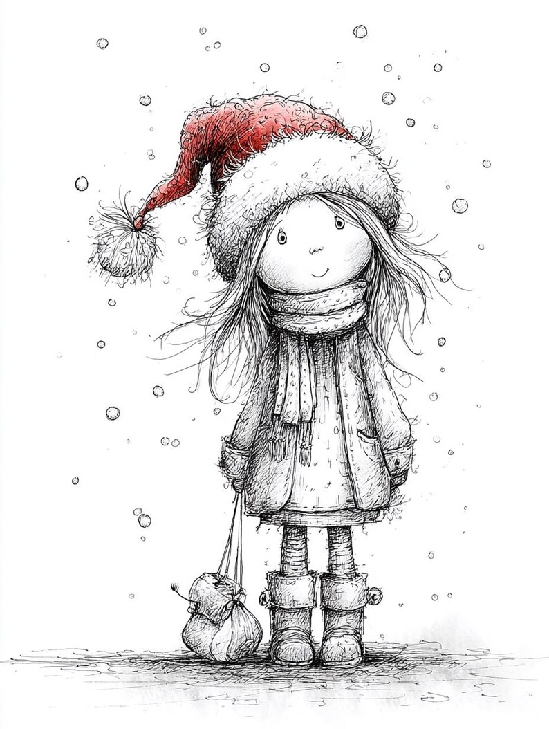 Christmas Girl, Winter Line Art, Holiday Sketch, Santa Hat Girl, Cute ...