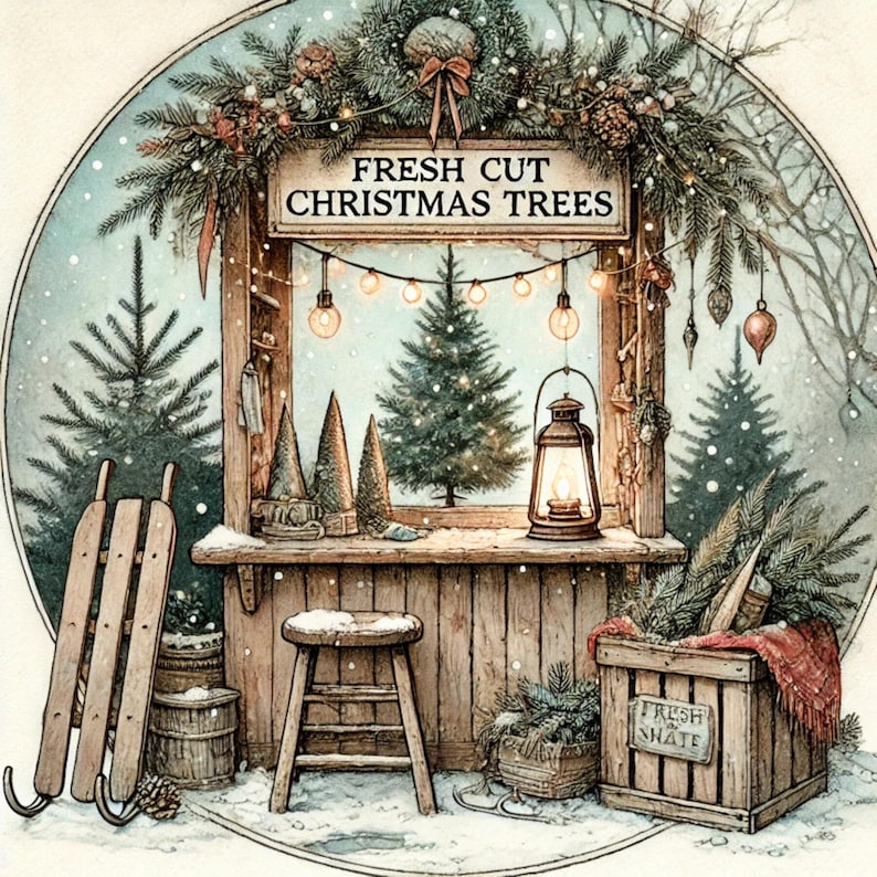 Christmas Market, Tree Stall Art, Festive Watercolor, Winter Ink Sketch ...