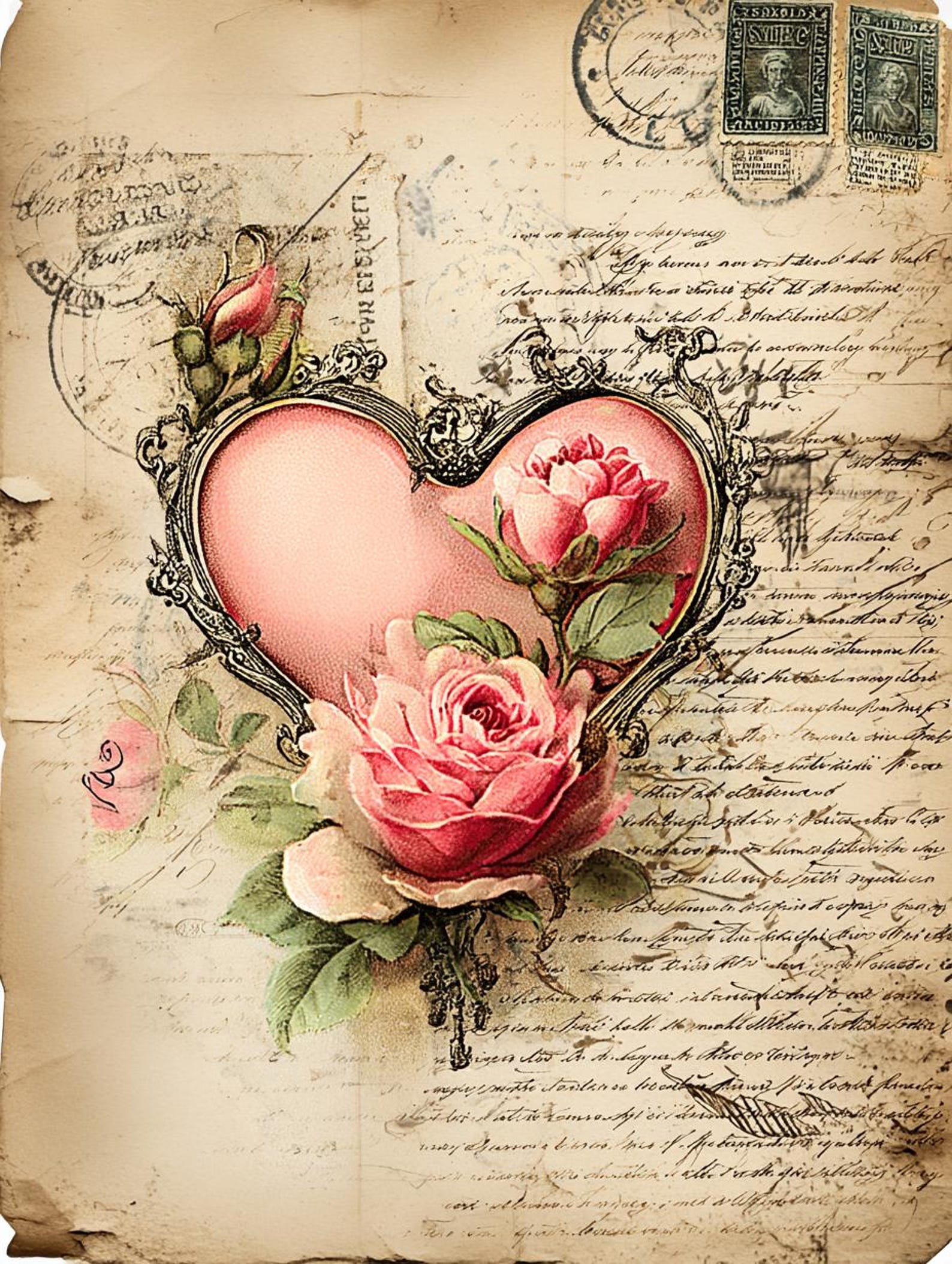 Vintage Floral Heart CLIPART, Antique Love Letter Collage, Romantic ...