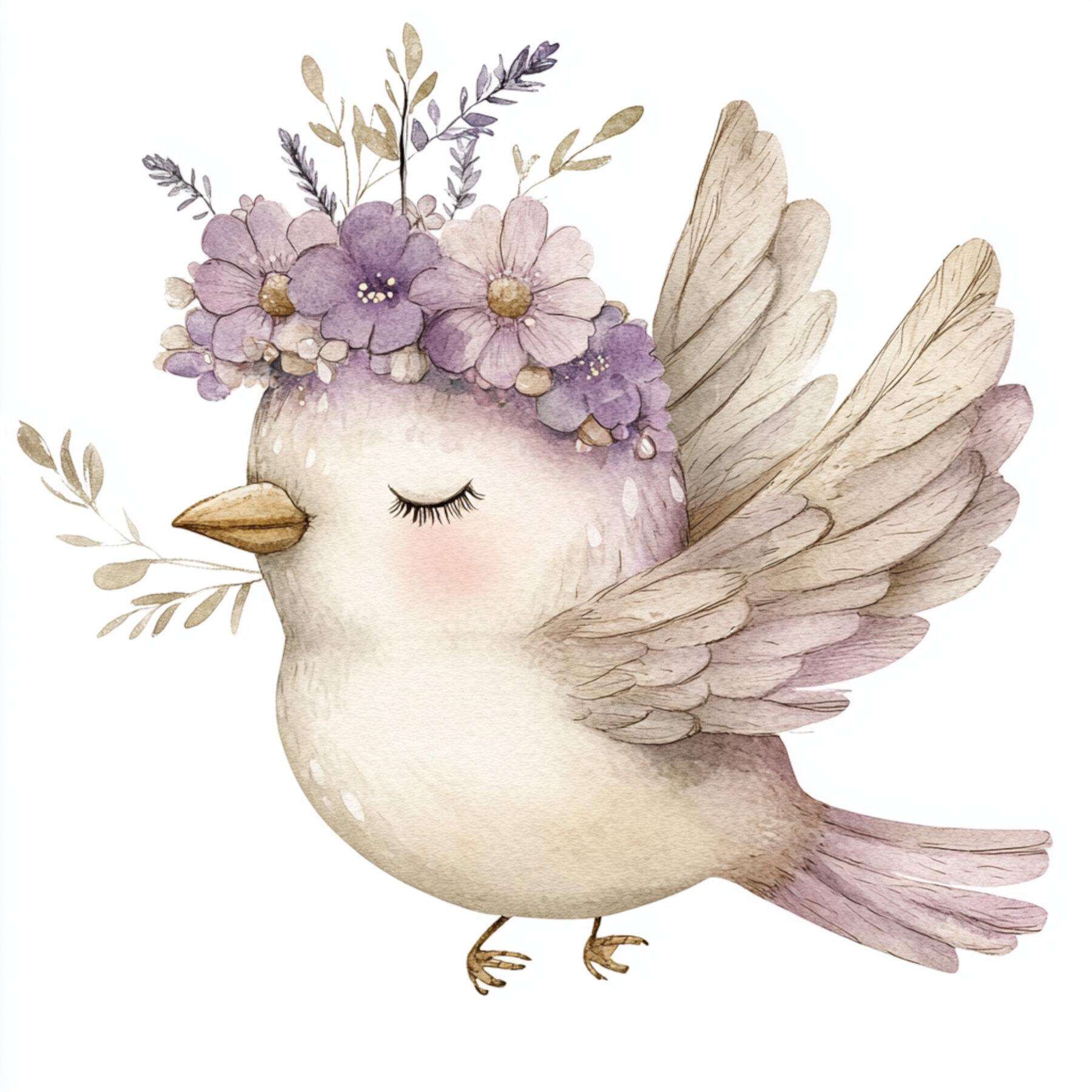 Cute Bird Art, Baby Bird, Woodland Bird, Floral Crown Bird, Nursery ...