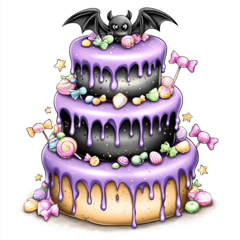 Halloween Cake, Bat Cake, Cute Halloween, Purple Drip Cake, Kawaii Bats ...