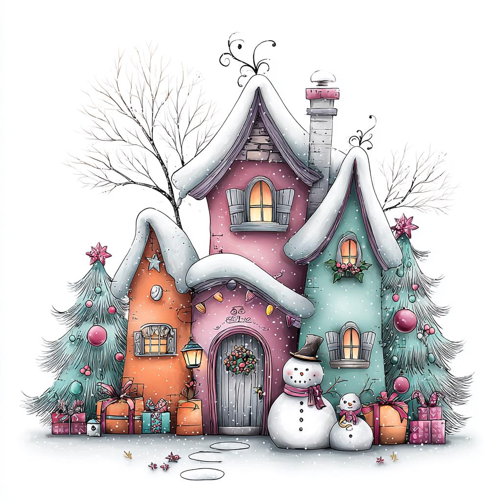 Whimsical Houses, Christmas Tree, Snowman, Gift Boxes, Festive Lights ...
