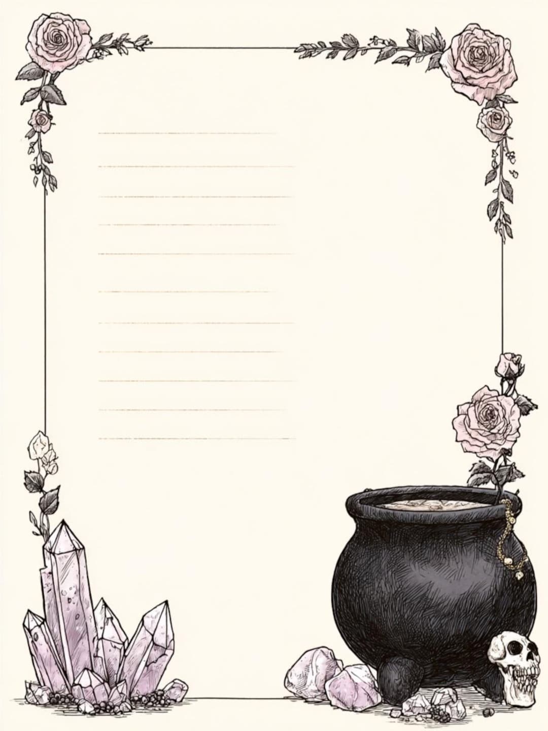 Witchy Paper, Spell Page, Crystal Border, Cauldron Art, Skull Paper ...