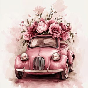 Bloommobiles, Pink Car Clipart, Flower Car Art, Retro Floral Car, Girly ...