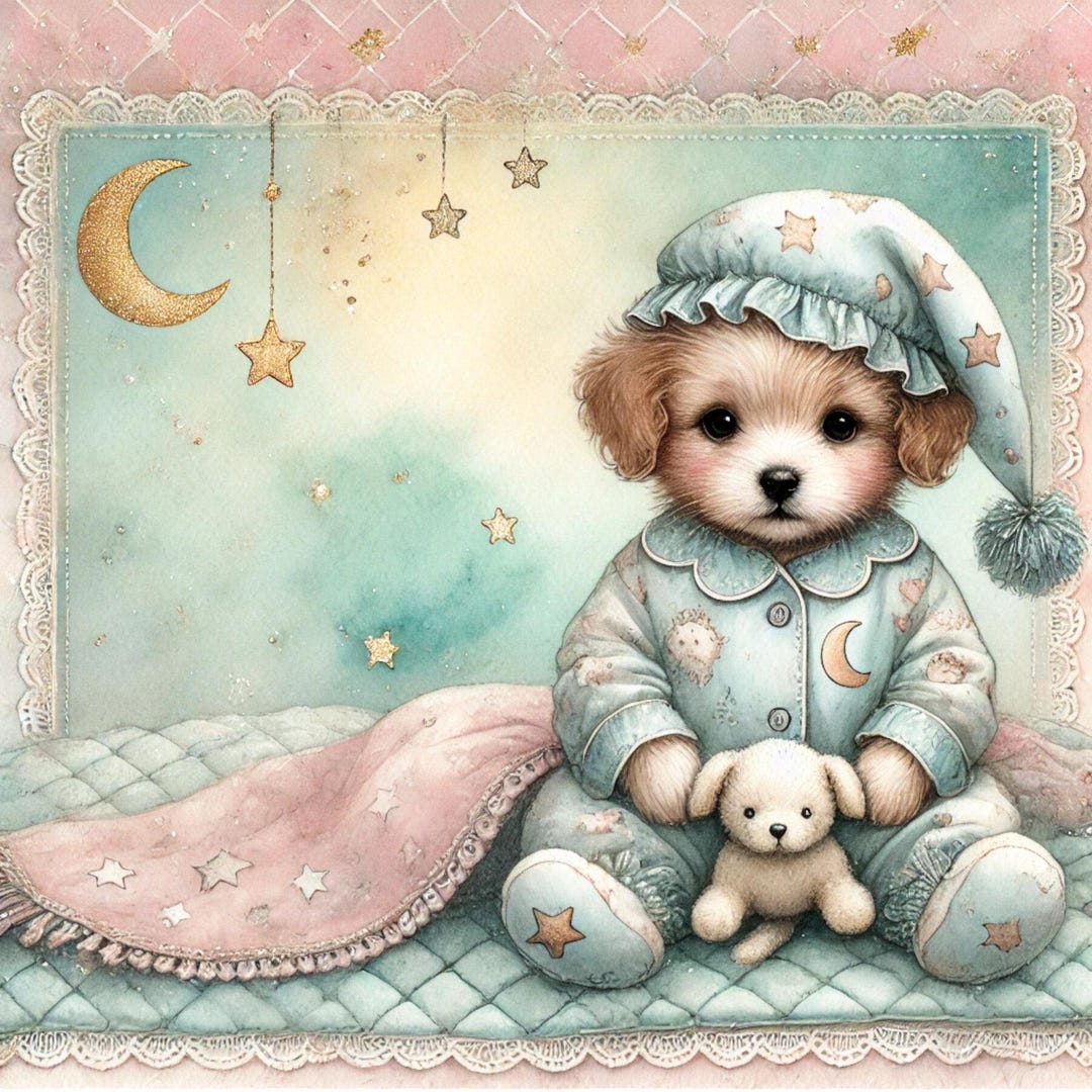 Baby Puppies, Whimsical Puppy, Cozy Pajamas, Bedtime Art, Watercolor ...