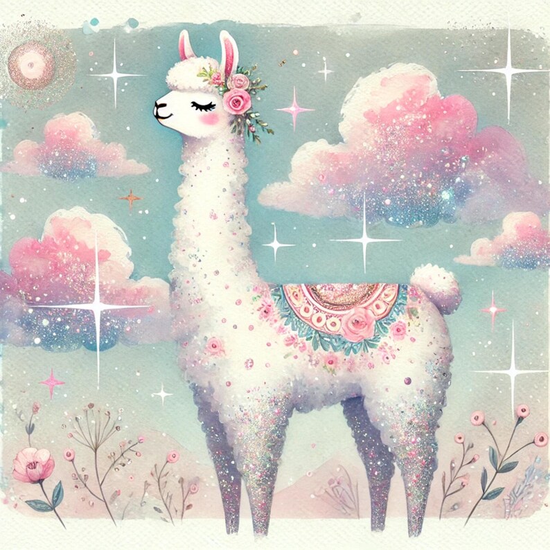 Glitter Llama, Whimsical Llama, Watercolor Llama, Cute Llama Art ...