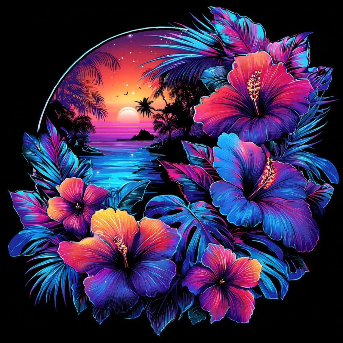 Neon Hibiscus CLIPART, Tropical Sunset Flowers, Vibrant Island Night ...