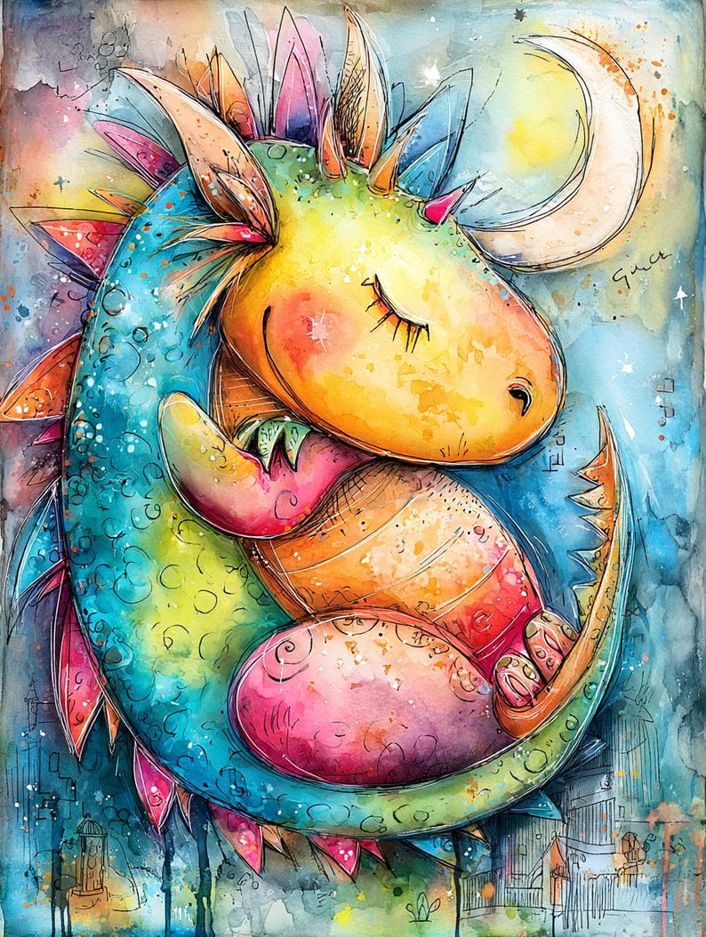 Rainbow Dragon, Dreamy Night, Sleeping Dragon, Moon and Stars, Fantasy ...