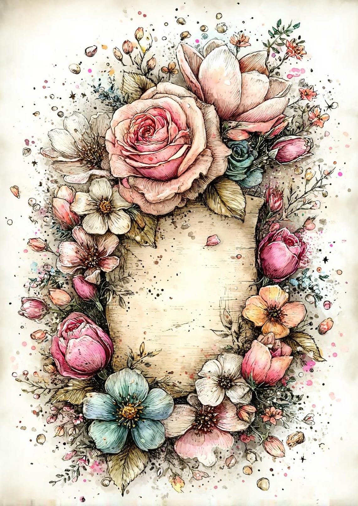 Vintage Rose Scroll Clipart, Floral Paper Backgrounds, Shabby Chic Rose ...