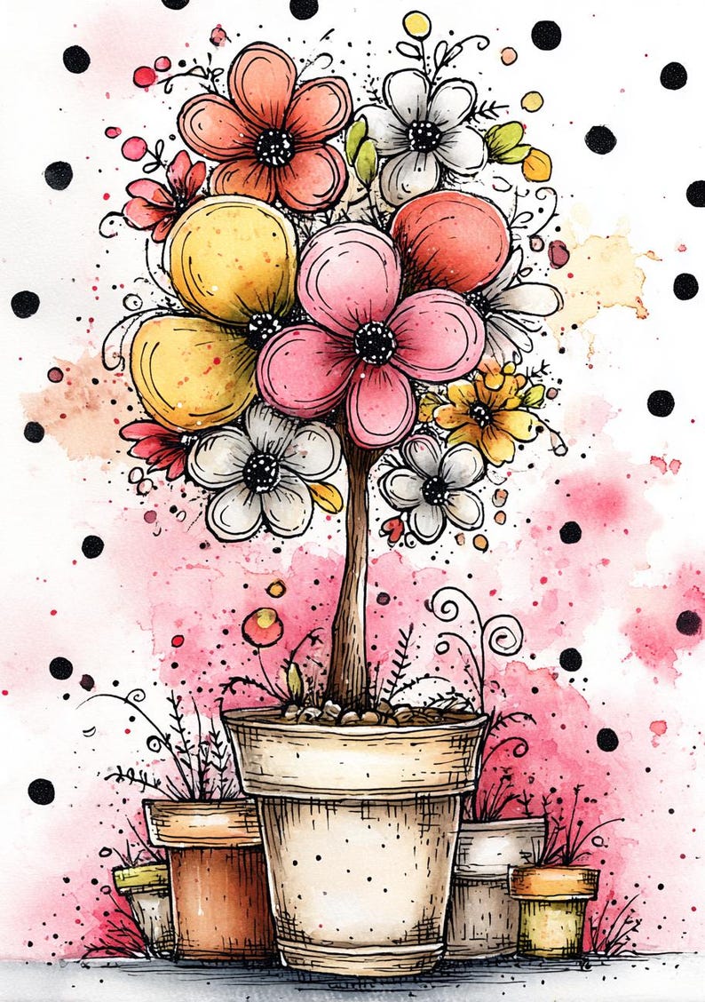 Fleurs fantaisistes, pots à pois, bouquet de marguerites, art de fille ...
