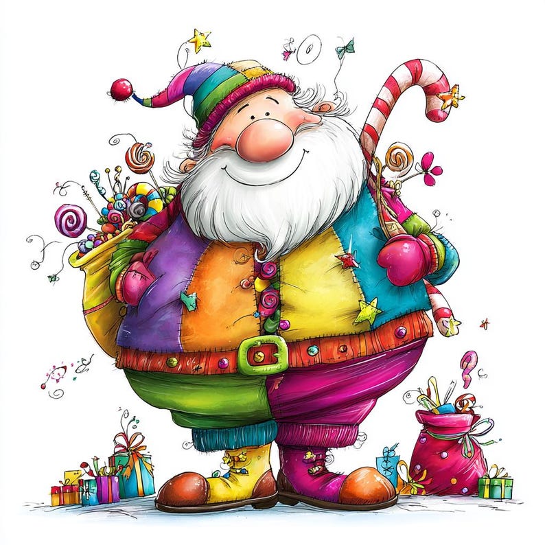 Rainbow Santa, Cute Santa Art, Whimsical Claus, Xmas Patchwork, Bright ...