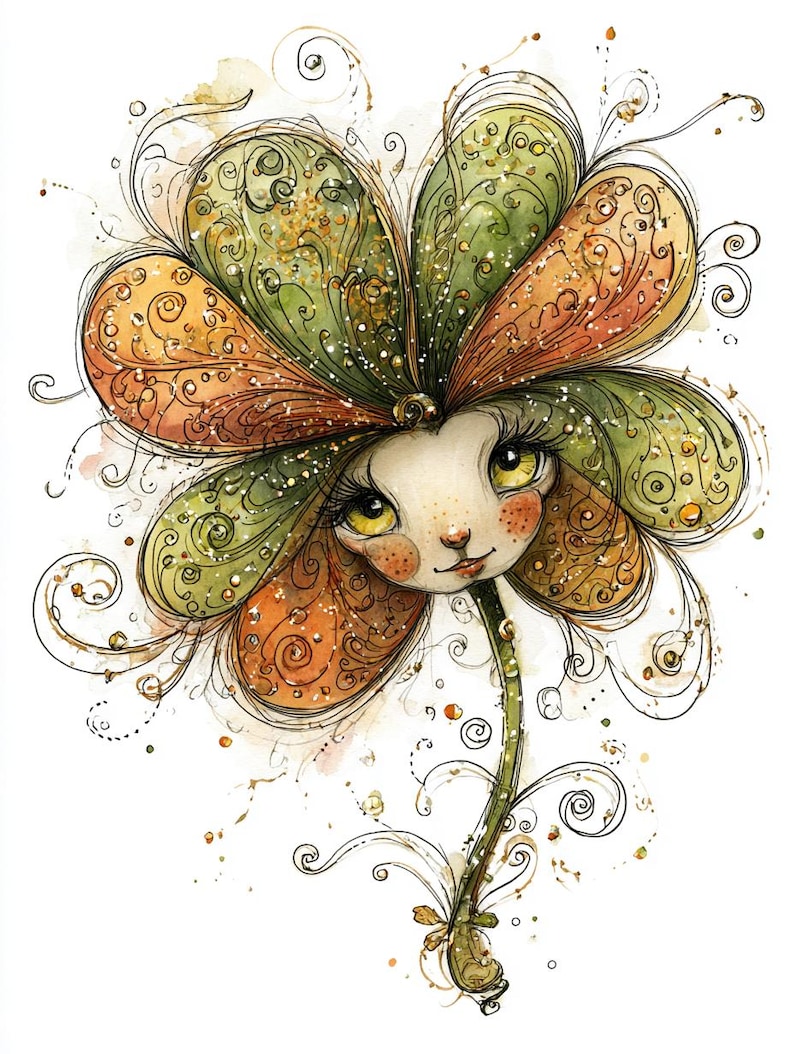 Enchanted Clover Sprite, Whimsical Floral Spirit Art, Watercolor Lucky ...