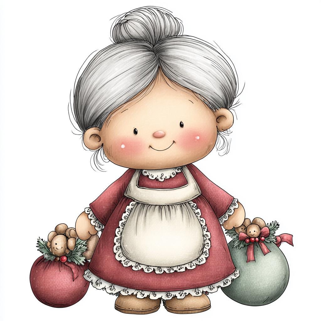 Cute Weeble-style Mrs. Claus Illustration in Red Dress With Apron and ...