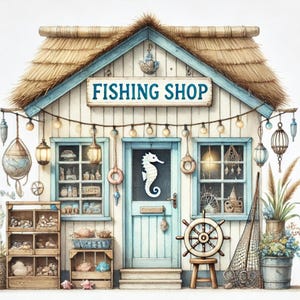 Fishing Shop, Fishing Shop Art, Nautical Clipart, Fishing Storefront ...