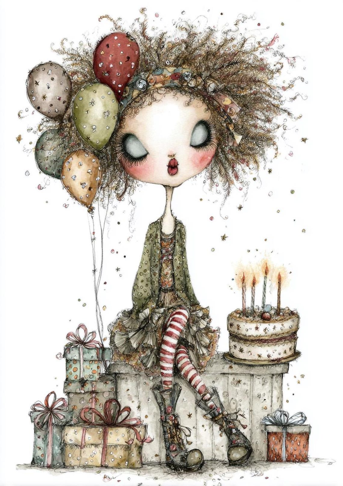 Birthday Girl, Cake Candles, Party Dress, Curly Hair, Balloons ...