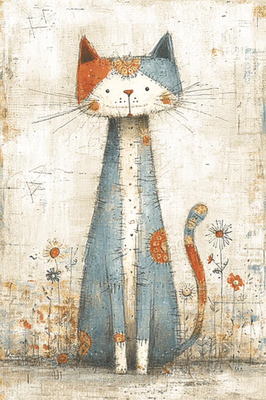 Whimsical Cat Art, Folk Art Cat, Rustic Cat Print, Quirky Cat Decor ...