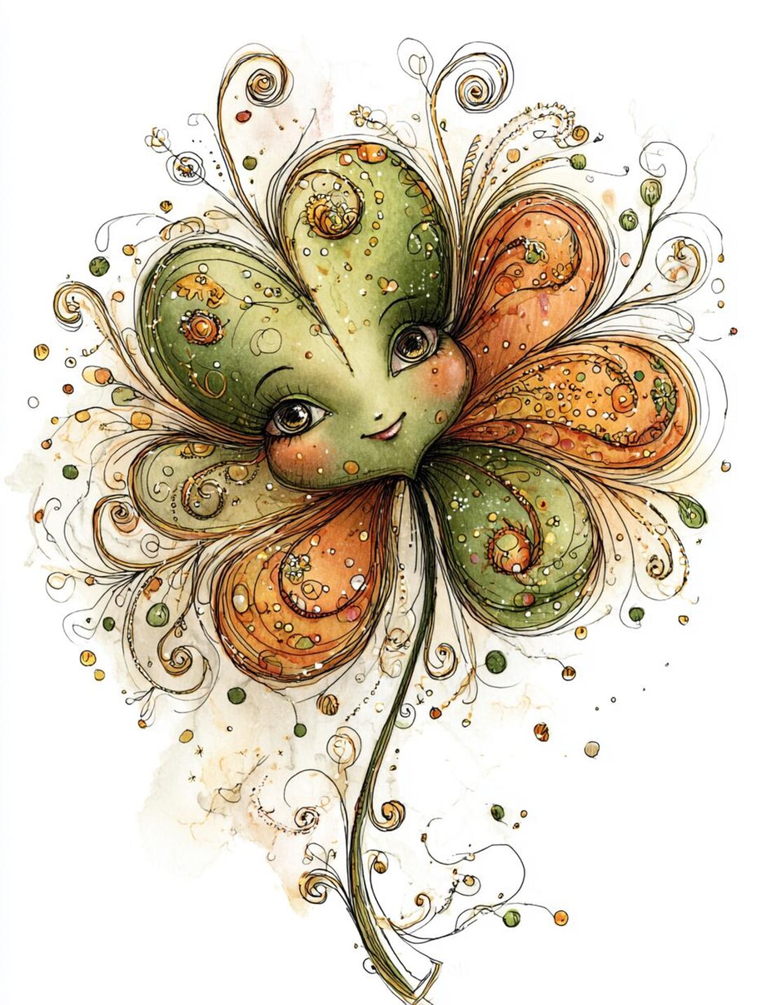 Enchanted Clover Sprite, Whimsical Floral Spirit Art, Watercolor Lucky ...