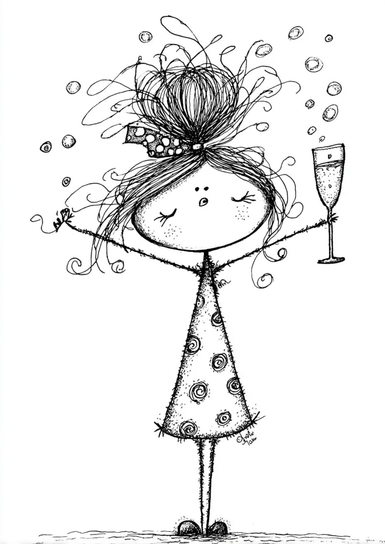 Bubbly Girl, Whimsical Doodle Lady, Champagne Toast Sketch, Playful ...