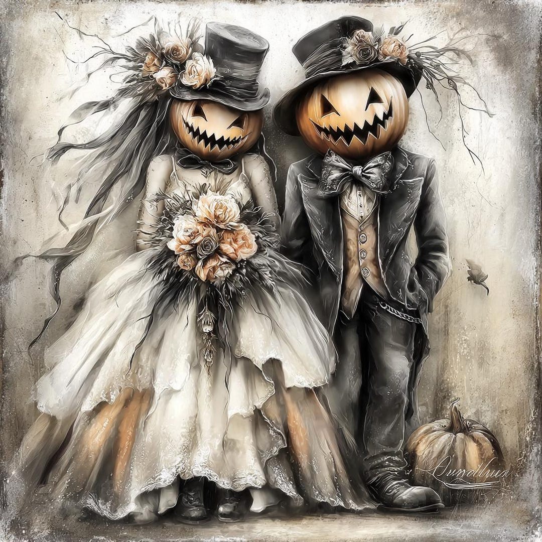 Halloween Couple, Gothic Wedding, Spooky Bride, Pumpkin Groom, Skeleton ...