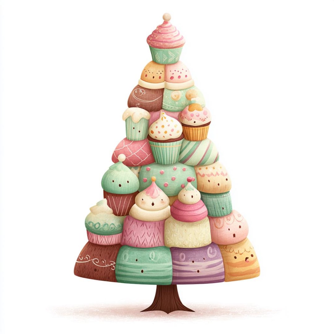Cupcake Xmas Art, Pastel Xmas Tree, Sweet Holiday Art, Festive Cupcake ...