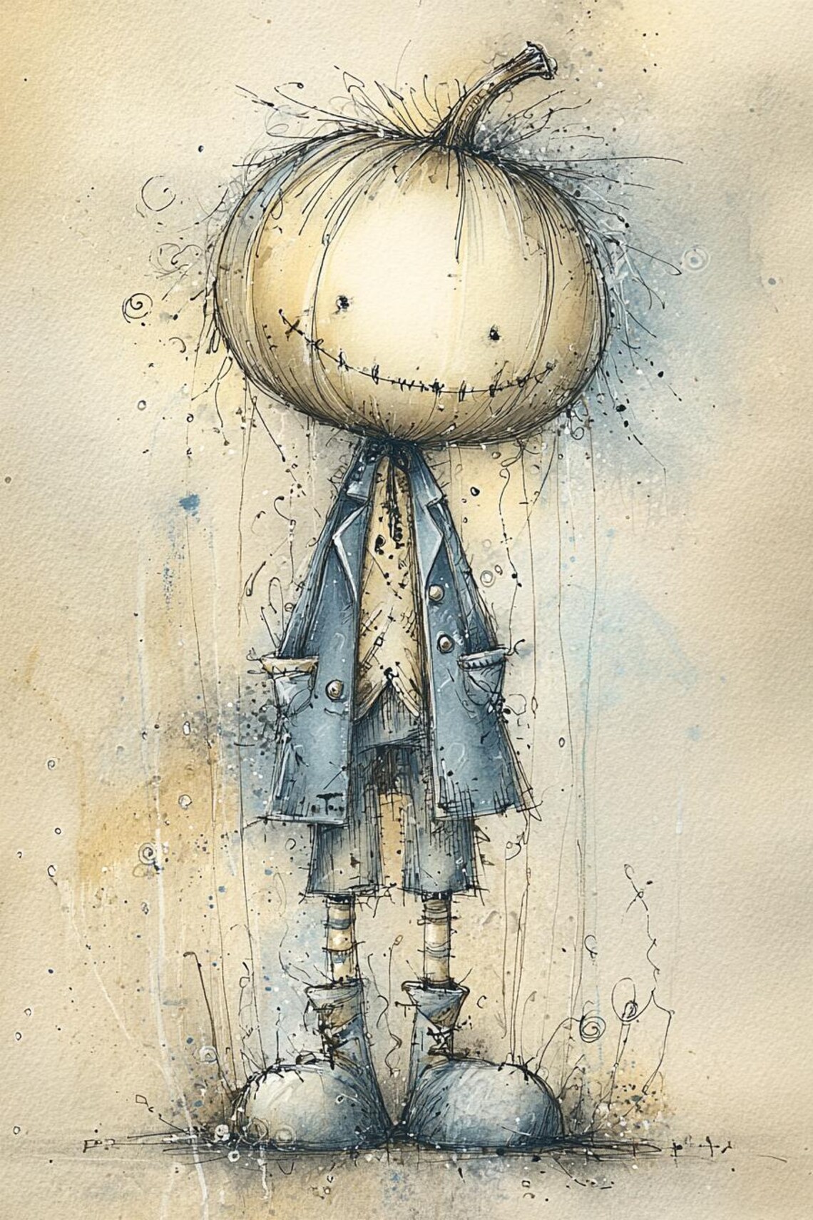 Pumpkin Sketch, Gothic Scarecrow, Creepy Fall Art, Ink Halloween ...