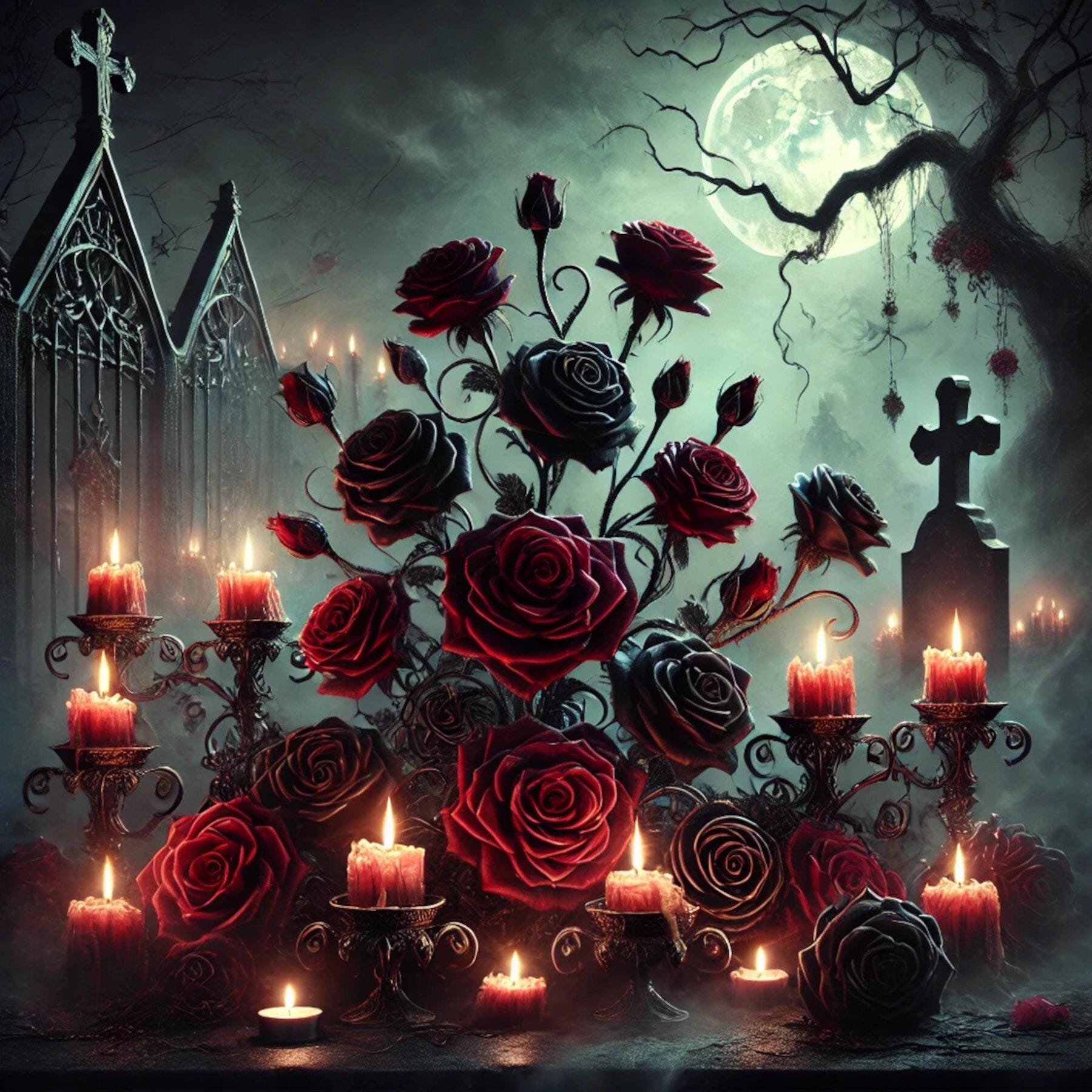 Dark Gothic Roses, Gothic Roses, Moonlit Graveyard, Eerie Candles ...