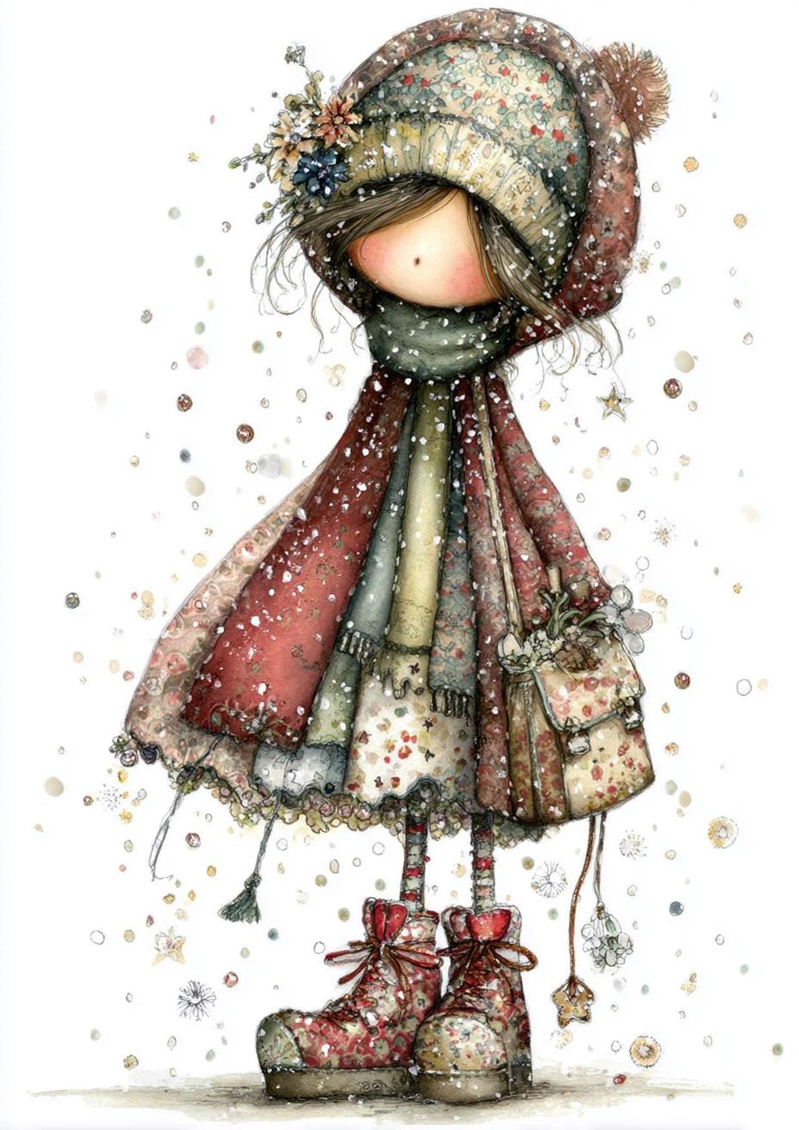 Christmas Robin, Winter Girl, Snowy Art, Festive Dress, Red Boots ...