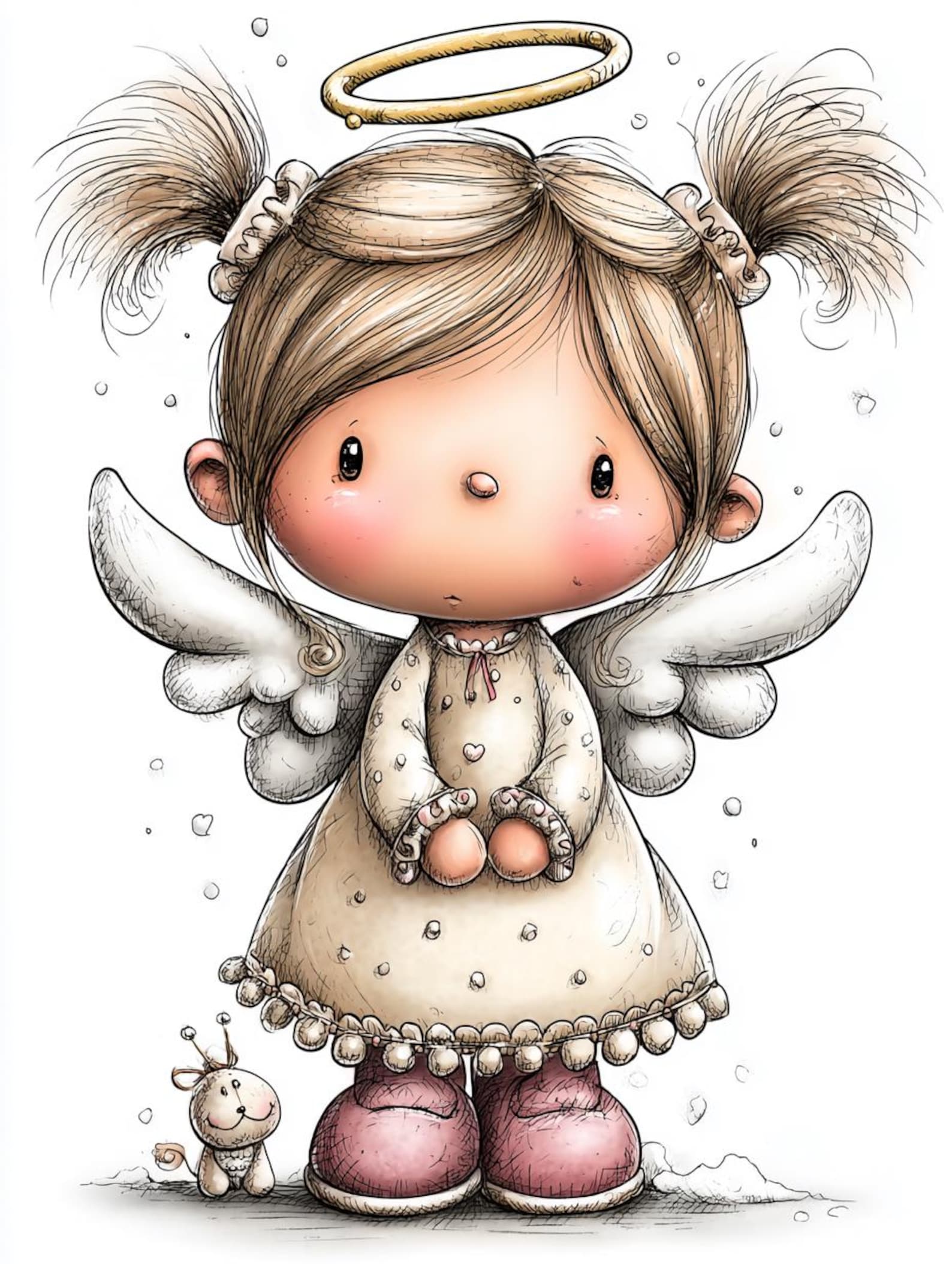 Sweet Angel Illustration, Gentle Pastel Angel With Halo and Stars ...