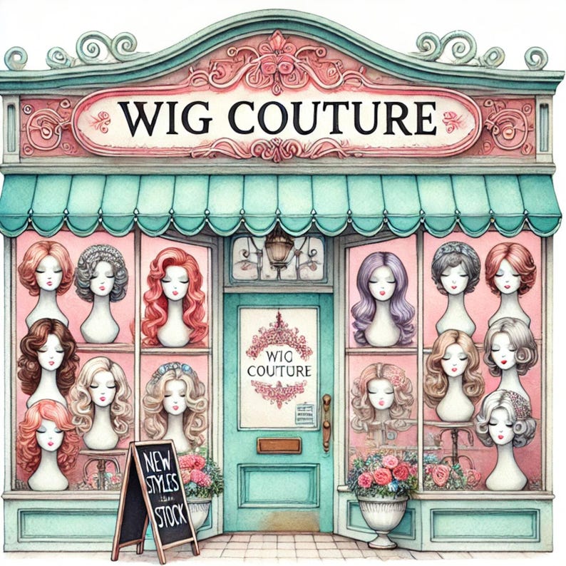 The Wig Store, Wig Shop Clipart, Boutique Store Art, Pastel Storefronts ...