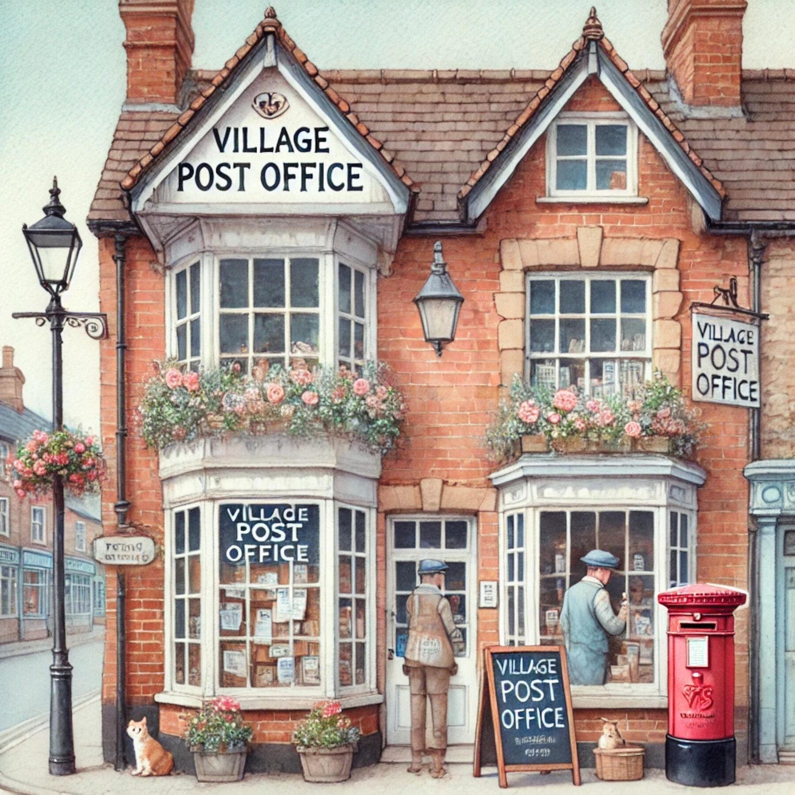 The Village Post Office, Watercolor Illustration, Charming Town Scene ...