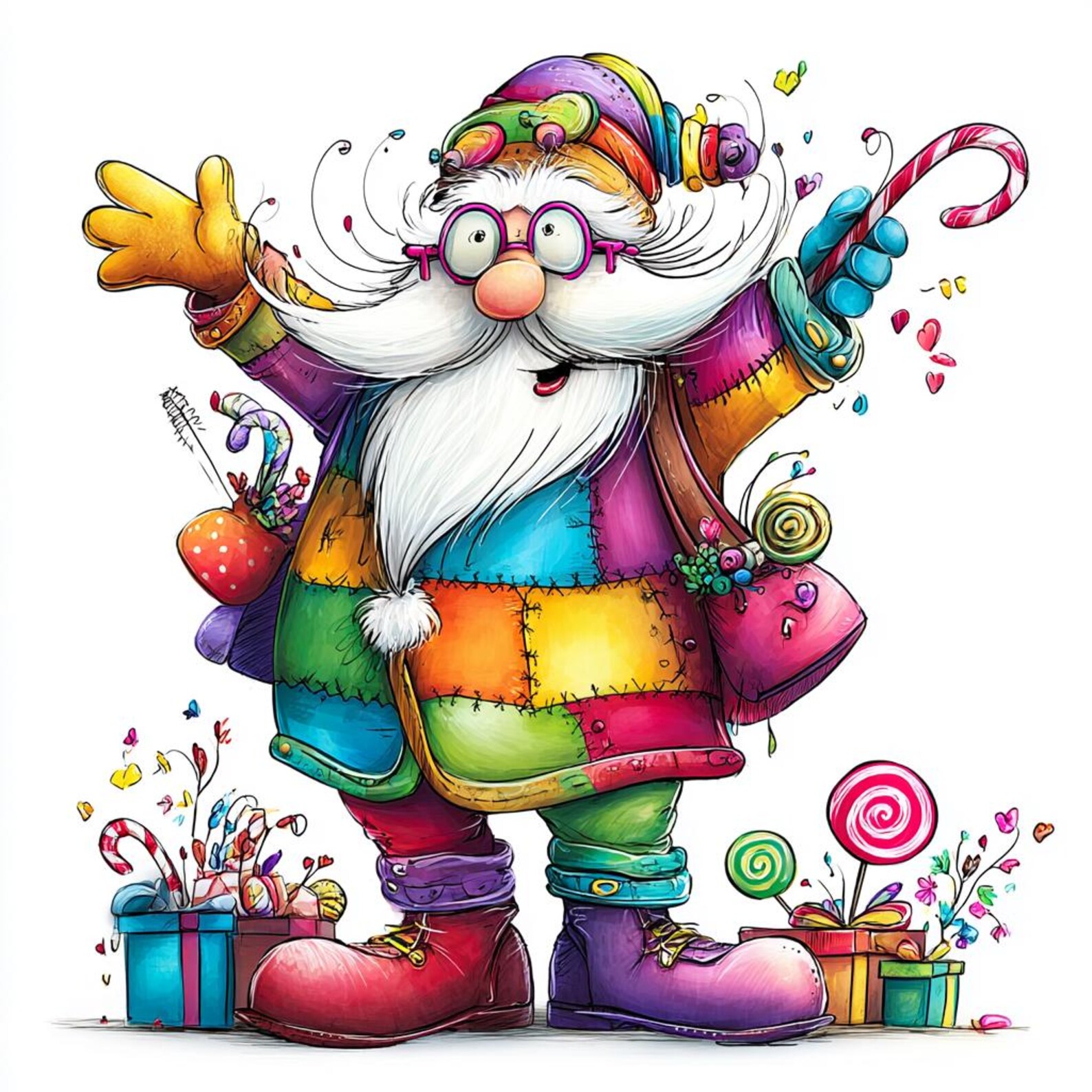 Rainbow Santa, Cute Santa Art, Whimsical Claus, Xmas Patchwork, Bright ...