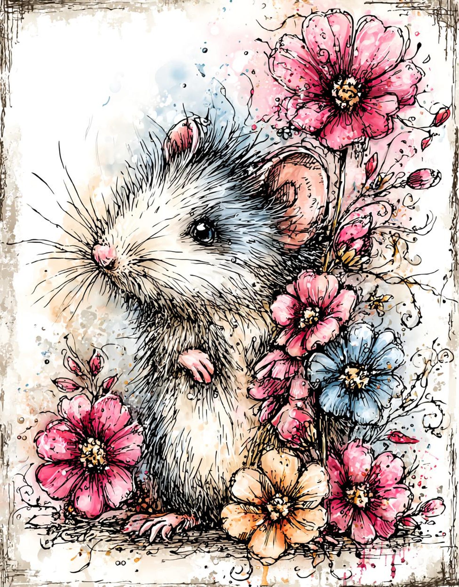 Mouse Art, Cute Mouse, Floral Mouse, Wildflowers, Spring Blooms ...
