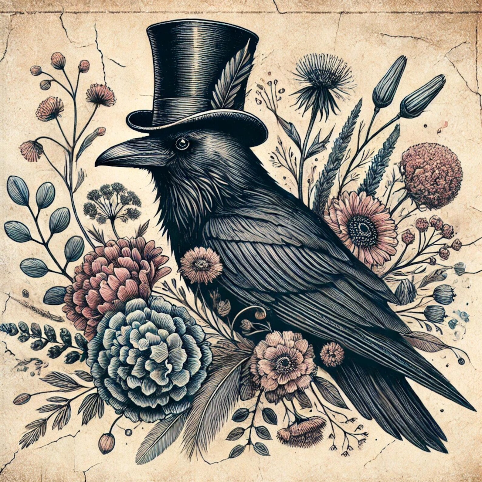 The Raven, Raven Art, Gothic Raven, Vintage Bird Art, Floral Raven, Top ...