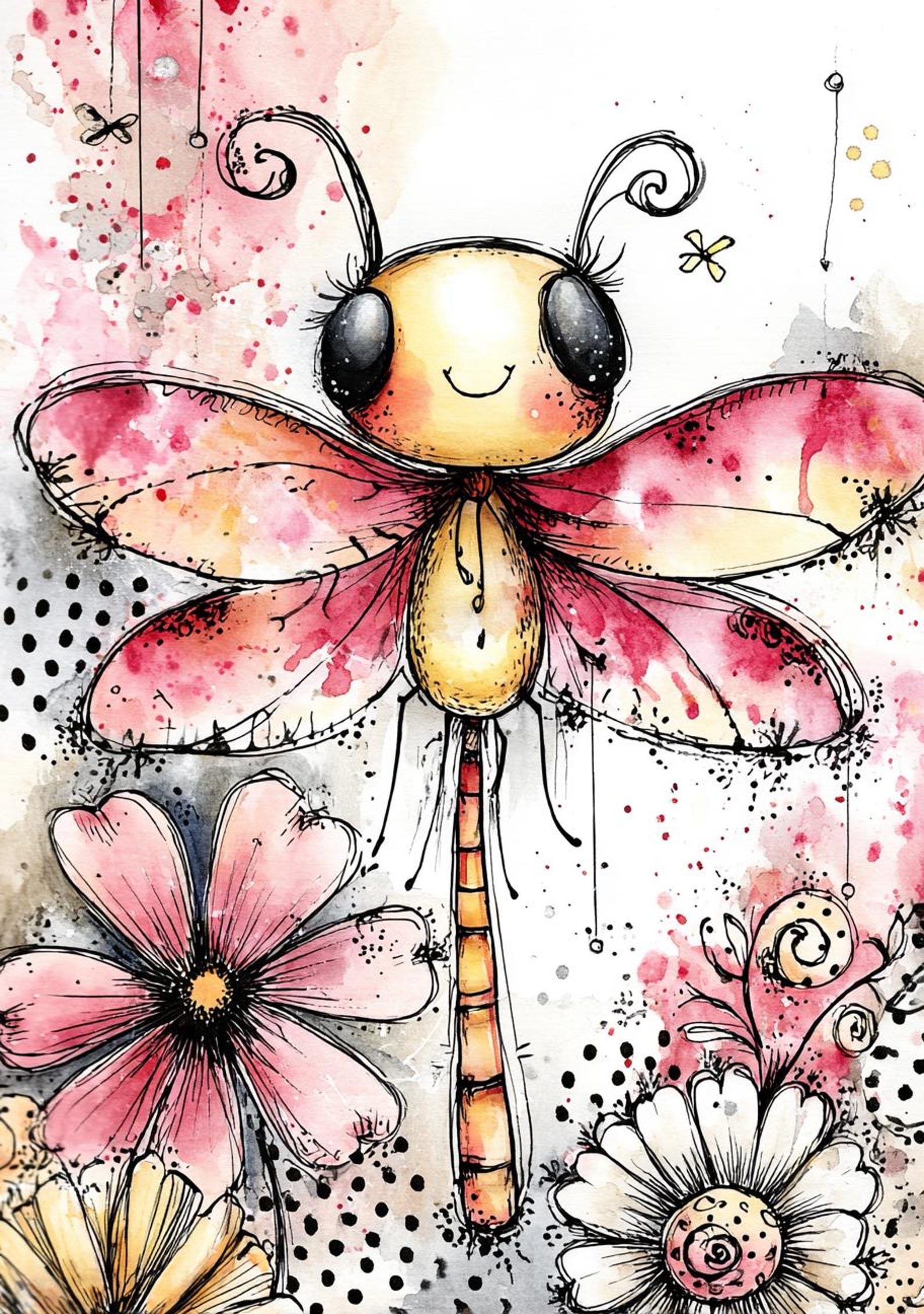 Cute Dragonfly, Floral Insect, Watercolor Bug, Pink Flower Art ...