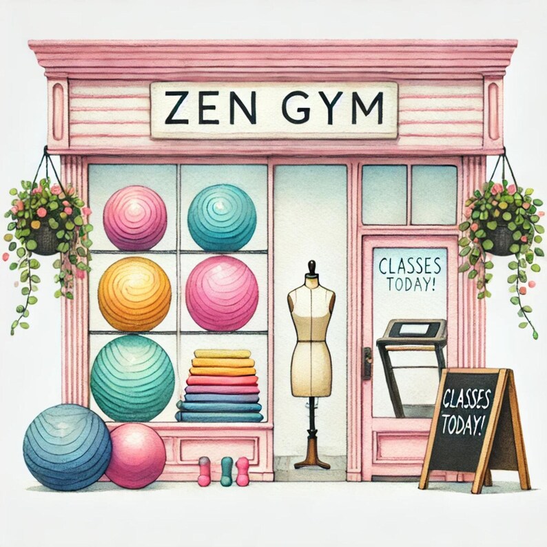 The Gym, Gym Shop Clipart, Fitness Storefront, Pastel Gym Art, Boutique ...