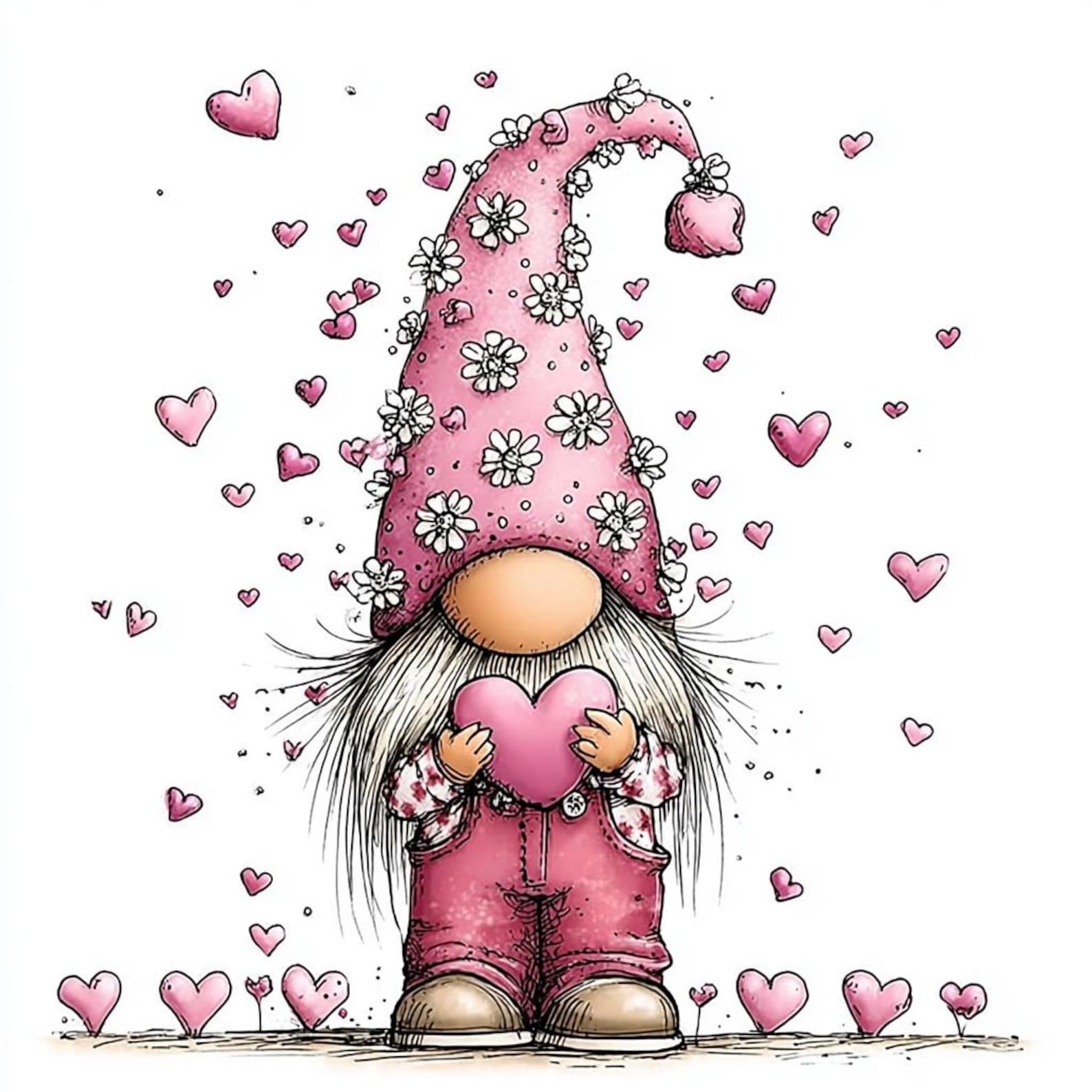 Valentine Gnome Clipart, Pink Heart Gnome Art, Whimsical Love Character ...