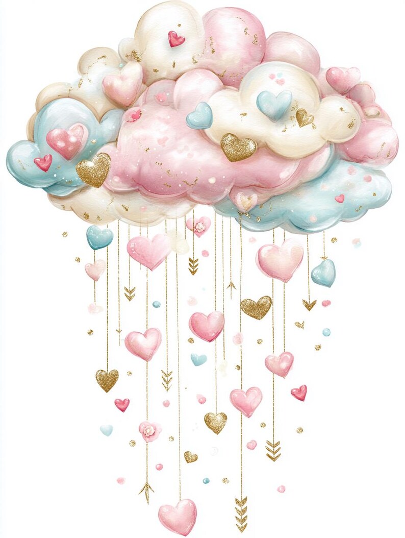 Love Clouds, Cute Heart Cloud Clipart, Pastel Pink and Blue Valentine ...