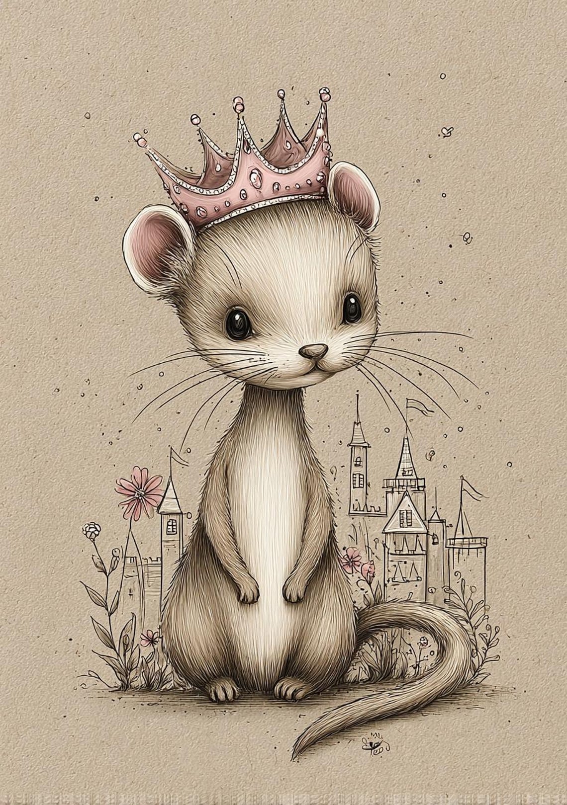 Cute Weasel Art, Weasel Princess, Royal Animal, Baby Weasel, Crown ...