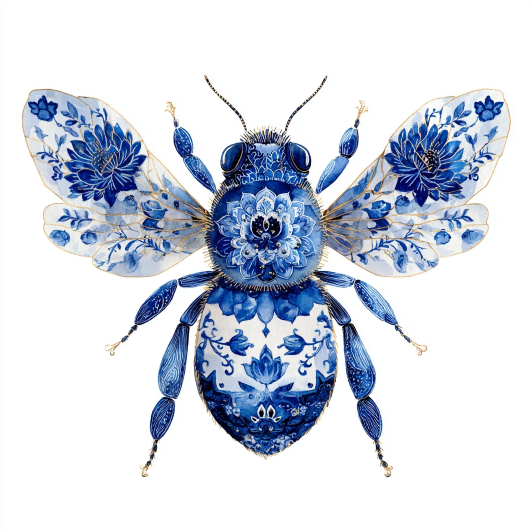 Chinoiserie Bee, Floral Bee Design, Porcelain Bee, Indigo Bee Print ...