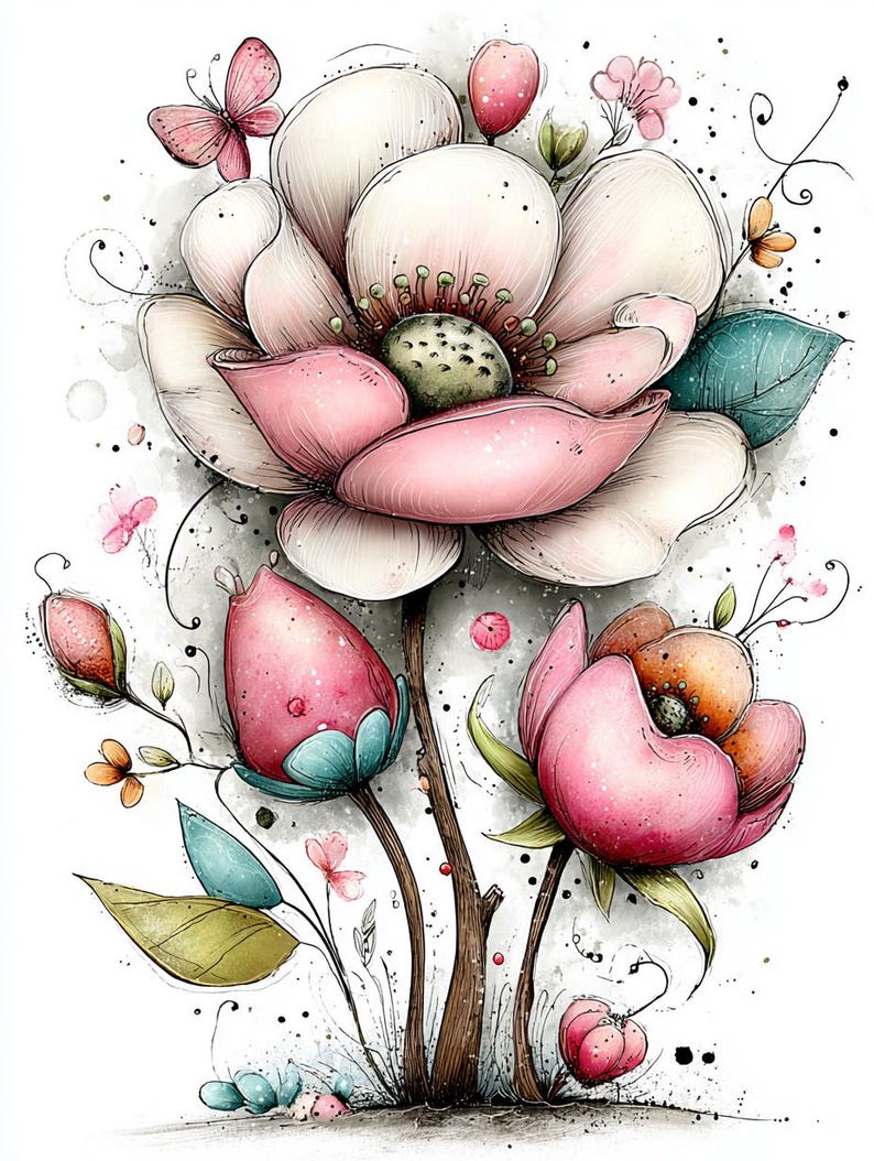 Whimsical Roses, Dreamy Floral PNG Set, Watercolor Ink Flowers ...