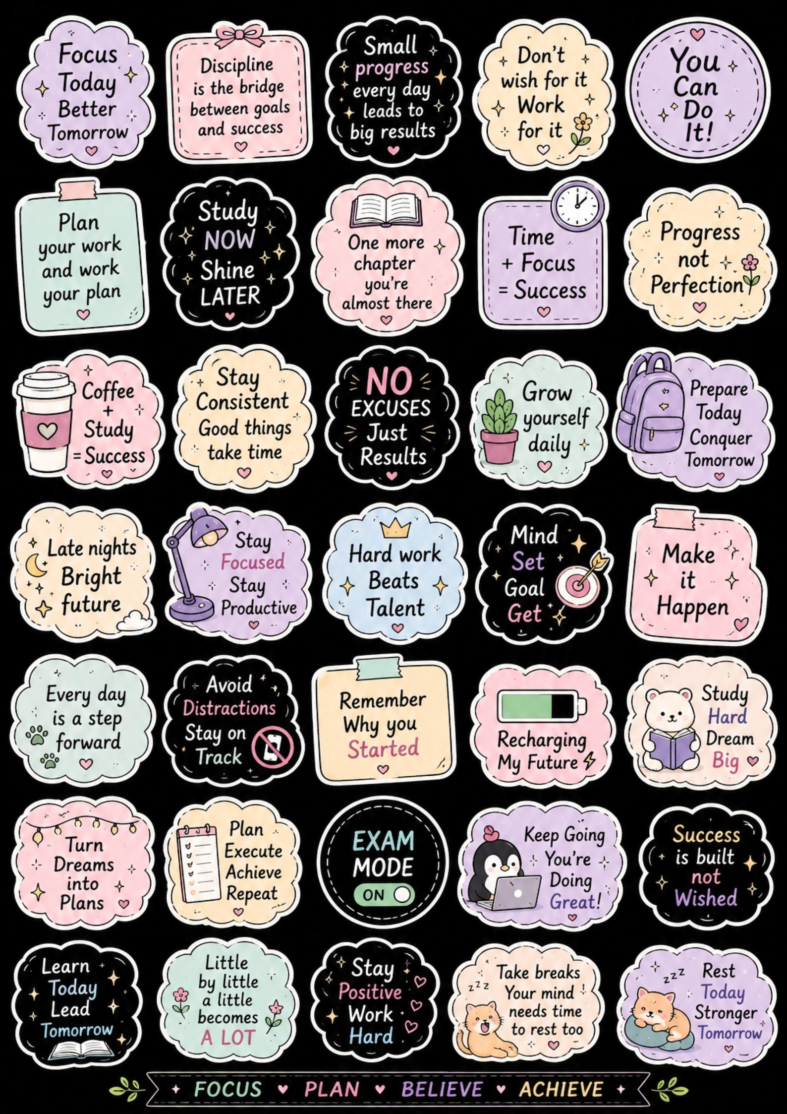 Motivational Study Sticker Sheet CLIPART, Pastel Productivity Quotes ...