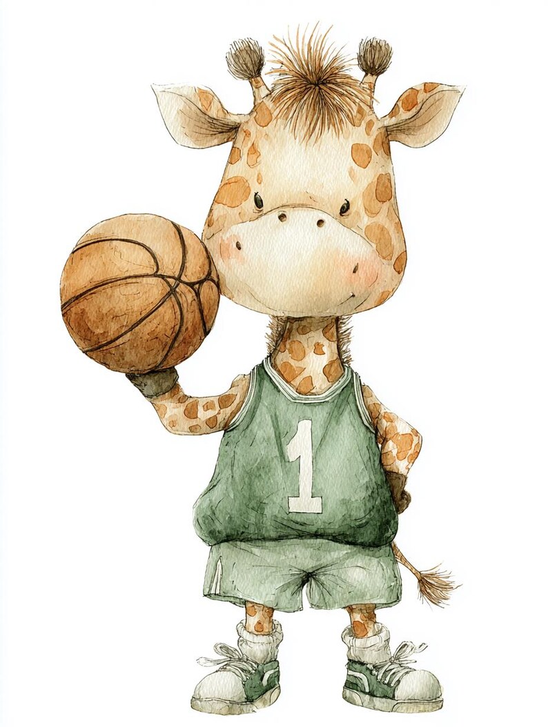 Basketball Giraffe CLIPART, Watercolor Sports Animal, Playful Hoops ...