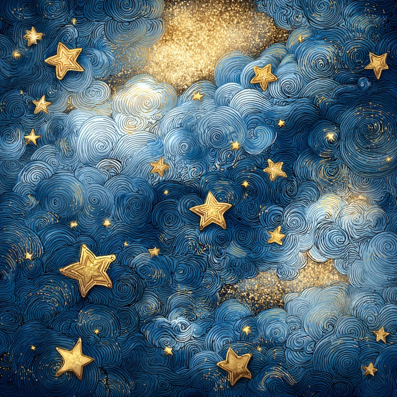 Celestial Skies, Golden Stars, Night Sky, Star Pattern, Cosmic Art ...
