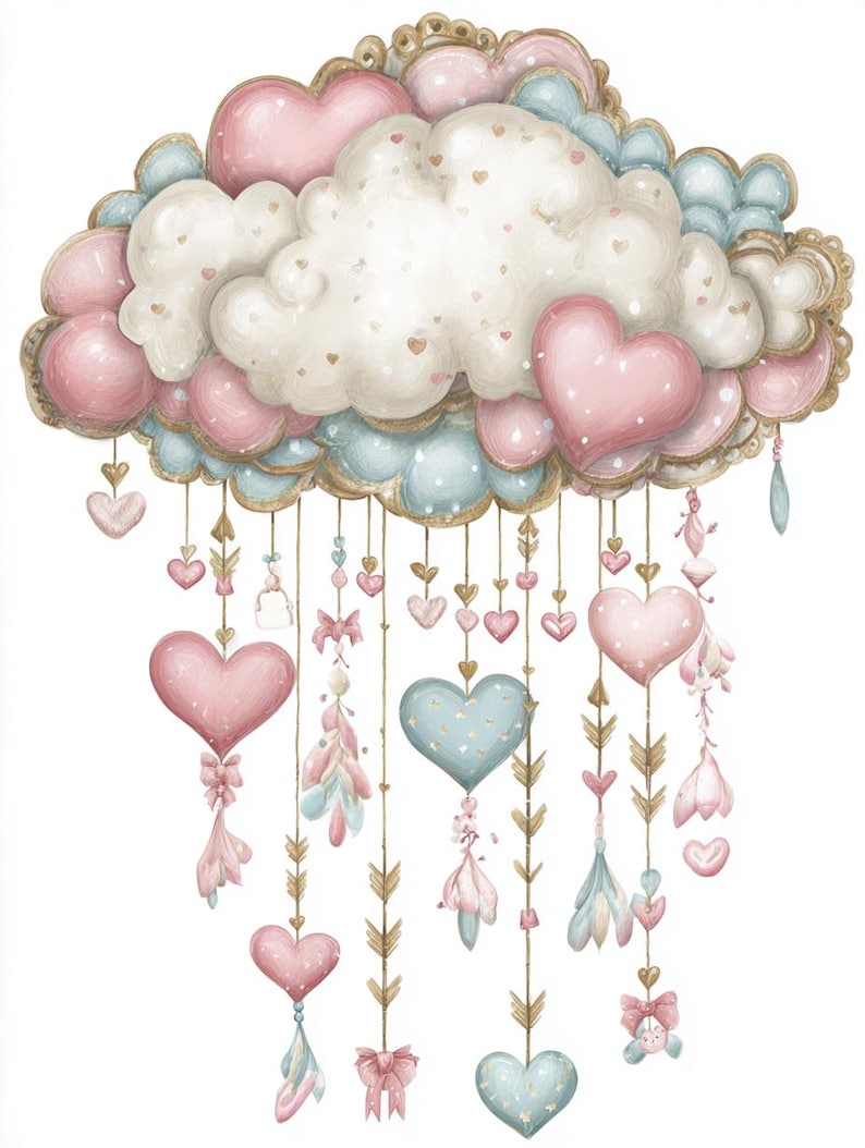 Love Clouds, Cute Heart Cloud Clipart, Pastel Pink and Blue Valentine ...