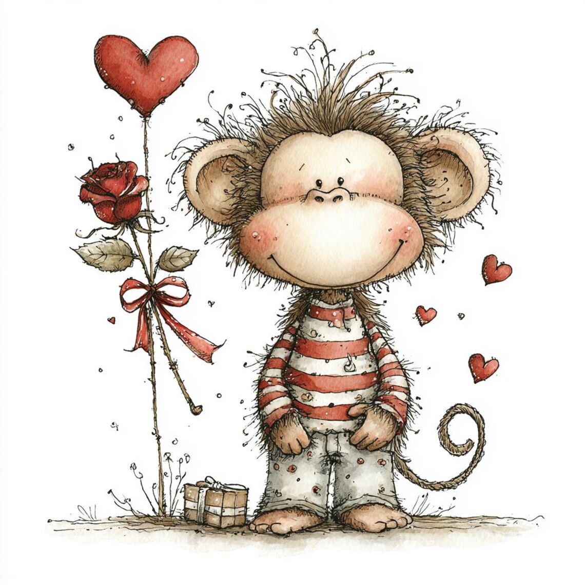 Monkey Valentine CLIPART, Hand Drawn Love Monkey, Whimsical Heart ...
