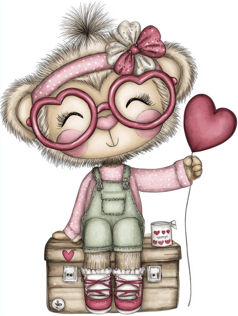 Valentine Monkey Clipart, Heart Balloon Animal Art, Sweet Doodle Monkey ...