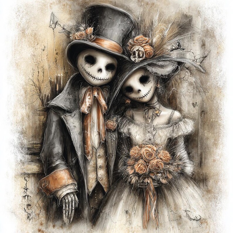 Halloween Couple, Gothic Wedding, Spooky Bride, Pumpkin Groom, Skeleton ...