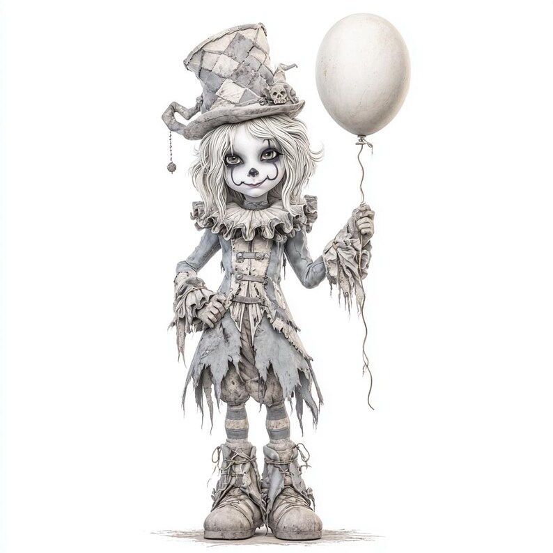 Ghost Clown, Haunted Doll, Creepy Balloon, Tattered Costume, Pale ...